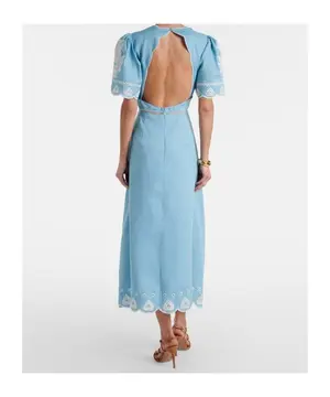 Farm Rio Embroidered Open-back Linen Midi Dress