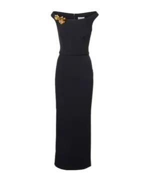 SAFIYAA LONDON Belted Embellished Crepe Maxi Dress - Black