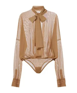 Norma Kamali Sheer Tie-neck Mesh Bodysuit - Brown