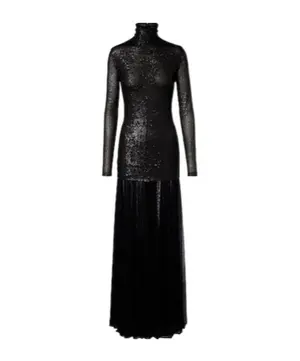 Norma Kamali Sequined Mesh Turtleneck Gown - Black