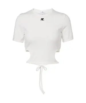 COURREGES Logo Cutout Tie-back Cotton Crop Top - White