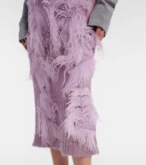 Attico Feather-trimmed Knitted Midi Skirt