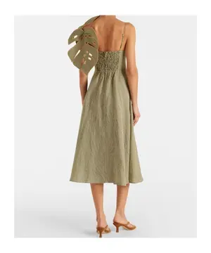 Farm Rio Striped Linen Midi Dress With Leaf Detail