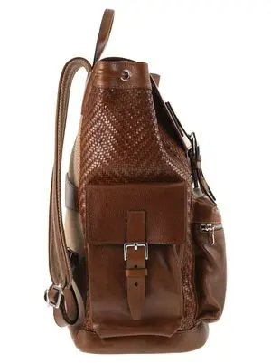 Brunello Cucinelli City Backpack In Woven Calfskin And Cowhide Leather - Brown