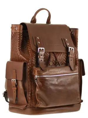 Brunello Cucinelli City Backpack In Woven Calfskin And Cowhide Leather - Brown