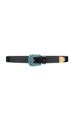 Valentino Garavani Mini V-logo Signature Leather Belt With Embellished Buckle - Black