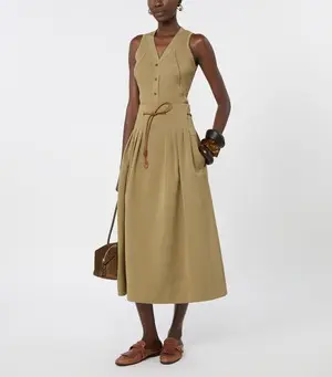 Max Mara Pleated Cotton Midi Skirt With Drawstring Detail