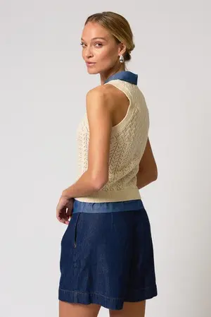 Central Park West Hazel Pointelle Knit V-neck Halter Top