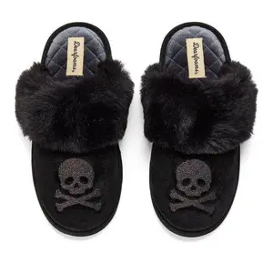 DEARFOAMS Embroidered Velour Slippers With Fur Cuff - Black