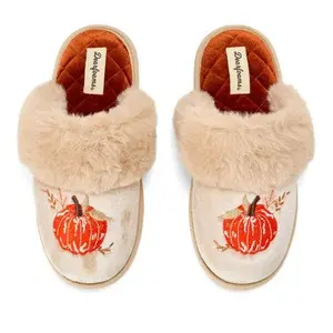 DEARFOAMS Embroidered Velour Slippers With Fur Cuff - Latte