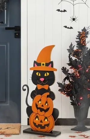GLITZHOM Halloween Wooden Lighted Witch Dog Or Cat Porch Decor - Black