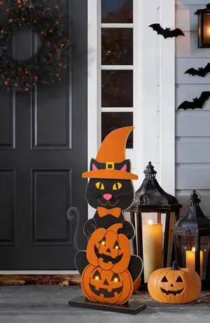 GLITZHOM Halloween Wooden Lighted Witch Dog Or Cat Porch Decor - Black
