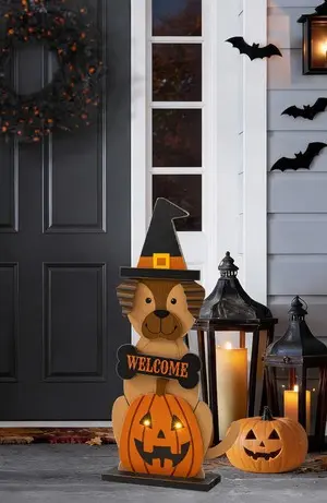 GLITZHOM Halloween Wooden Lighted Witch Dog Or Cat Porch Decor - Brown