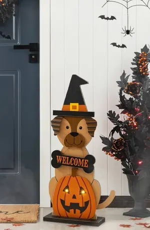 GLITZHOM Halloween Wooden Lighted Witch Dog Or Cat Porch Decor - Brown