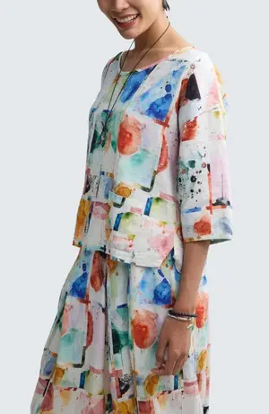 LUUKAA Elowen Painterly Print Linen Blouse