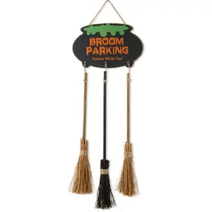GLITZHOM 37"h Halloween Wooden Cauldron And Broom Porch Decor - Black