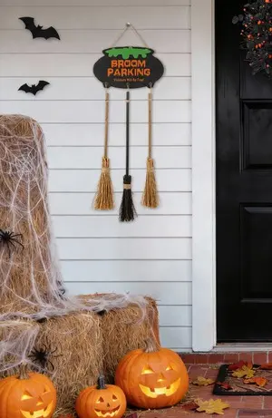 GLITZHOM 37"h Halloween Wooden Cauldron And Broom Porch Decor