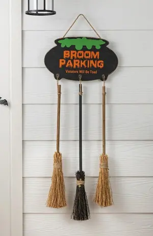 GLITZHOM 37"h Halloween Wooden Cauldron And Broom Porch Decor