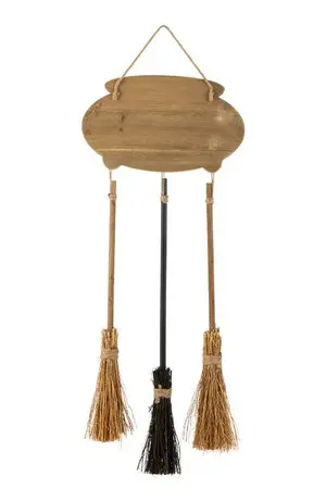 GLITZHOM 37"h Halloween Wooden Cauldron And Broom Porch Decor