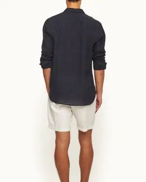 Orlebar Brown Justin Lino Relaxed Fit Classic Collar Italian Linen Shirt - Night Iris