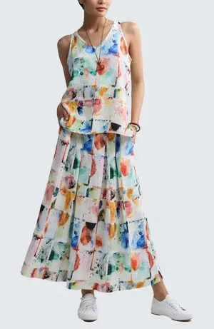 LUUKAA Merina Painterly Print Linen Maxi Skirt