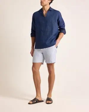 Orlebar Brown Vincent Linen Relaxed Fit Linen Long Sleeve Overhead Shirt - Night Iris