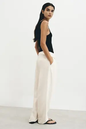 H&m Foldover-waist Linen-blend Trousers - Cream