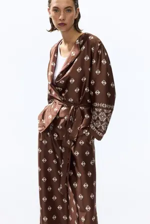 H&m Tie-belt Satin Blazer - Brown/patterned