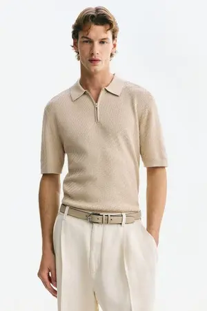 H&m Slim Fit Textured Polo Shirt Beige