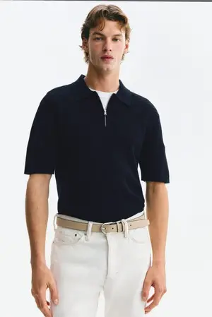 H&m Slim Fit Textured Polo Shirt Navy Blue