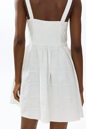 H&m Embroidered Flared-skirt Dress - White