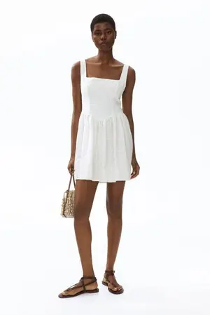 H&m Embroidered Flared-skirt Dress - White