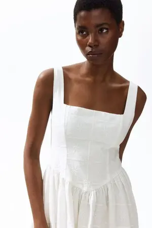 H&m Embroidered Flared-skirt Dress - White