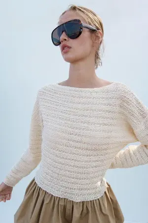 H&M Textured Knit Top With Boat Neckline And Dolman Sleeves - Cream