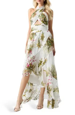 MARCIANO Hassana Floral Print Halter Maxi Dress