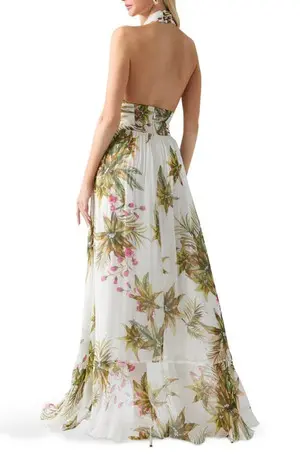MARCIANO Hassana Floral Print Halter Maxi Dress