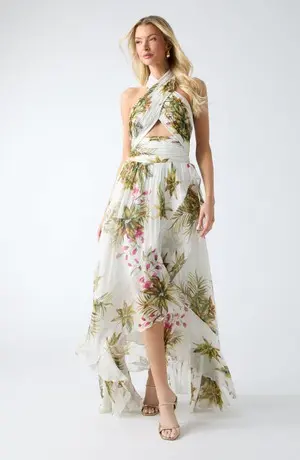 MARCIANO Hassana Floral Print Halter Maxi Dress