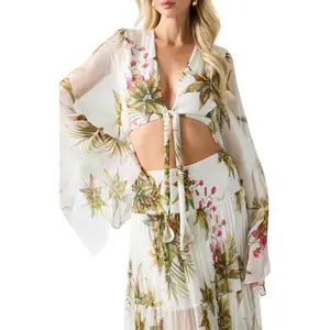 MARCIANO Tamia Print Bell Sleeve Crop Top - White Multi