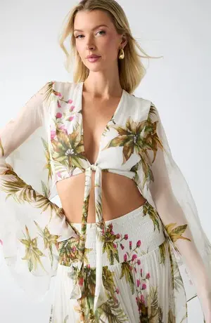 MARCIANO Tamia Print Bell Sleeve Crop Top