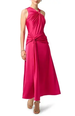 Aidan Mattox Crepe Back Satin Asymmetrical Neck Maxi Dress - Bright Rose