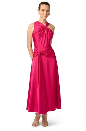 Aidan Mattox Crepe Back Satin Asymmetrical Neck Maxi Dress - Bright Rose