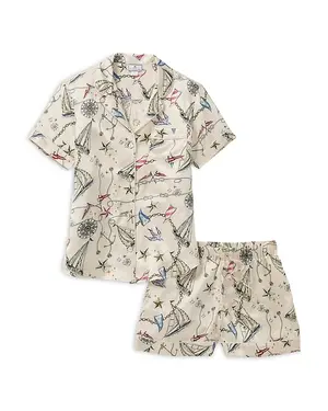 PETITE PLUME Regatta Royale Silk Short Sleeve Short Pajama Set - Beige