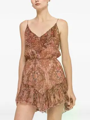 NISSA Floral Print Silk Mini Dress - Brown