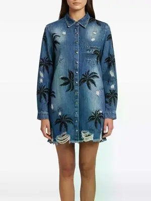 Philipp Plein Loro Piana Distressed Aloha Print Denim Jacket - Blue