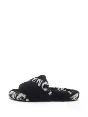 Balenciaga Intarsia Logo Shearling Slides