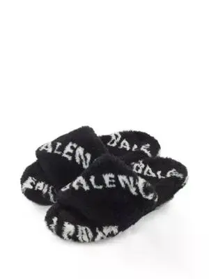 Balenciaga Intarsia Logo Shearling Slides