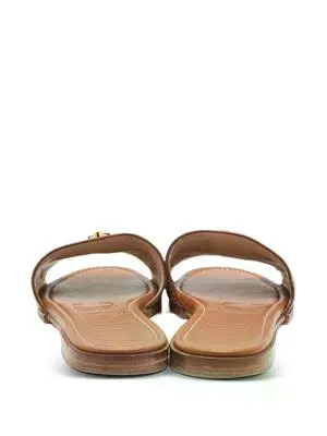 Carolina Herrera Leather Embossed Logo Flat Slides - Brown
