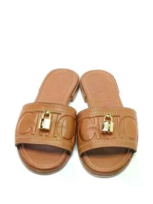 Carolina Herrera Leather Embossed Logo Flat Slides