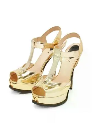 Fendi Metallic Leather Peep Toe Ankle Strap Platform Stiletto Sandals