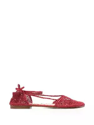 SLO_HAND_MADE Woven Raffia Ballet Flats With Tie Fastening - Red
